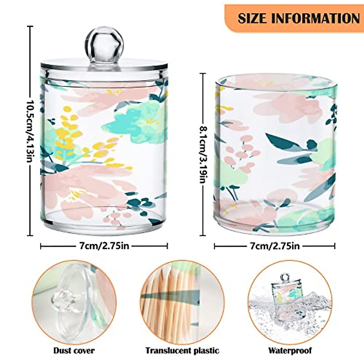 Watercolour Floral Apothecary Jars with Lids, 2 Pack Qtip Holder Dispenser Cotton Ball, Cotton Swab, Floss - 14 oz Clear Plastic Countertop Canister for Bathroom Organizer and Storage Containers