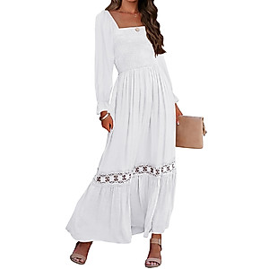 ZESICA Women's 2024 Boho Long Sleeve Square Neck Smocked High Waist Flowy A Line Lace Trim Maxi Dress White