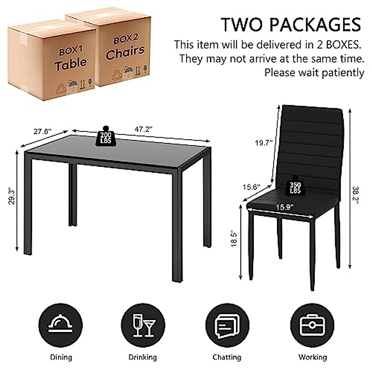 Recaceik Dining Table Set for 4, Kitchen Table and Chairs for 4, Glass Dining Room Table Set with 4 PU Leather Upholstered Chairs Modern Small Dinner Table Set Breakfast Table for Home, Black