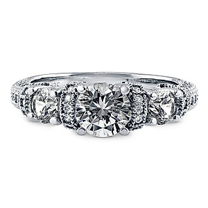 BERRICLE Sterling Silver 3-Stone Wedding Engagement Rings Round Cubic Zirconia CZ Art Deco Promise Ring for Women, Rhodium Plated Size 9