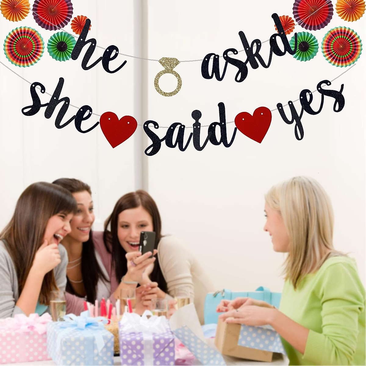 QFiesy He Asked She Said Yes Banner, Black Glitter Bride to Be Decorations, Black Glitter Bunting Sign for Engagement Bridal Shower Wedding Party. (Pre-Strung)