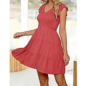 ZESICA Womens 2023 Summer Casual V Neck Flutter Sleeve Bohemian Ruffle Smocked A Line Swing Mini Dress,Watermelon,Small
