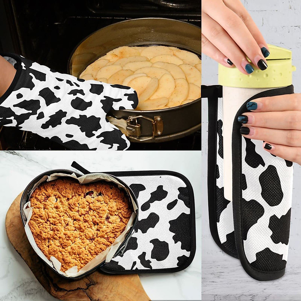 Sletend Cow Print Oven Mitts and Pot Holders Sets 2pcs Non-Slip Kitchen Heat Resistant Hot Pads for Women Cooking Gloves Baking Wear BBQ