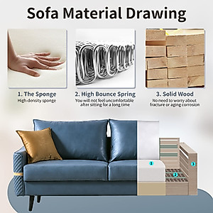 72 inch Small Sofa, Mid-Century 3-Seat Loveseats for Living Room, l Couch Witch 2 Pillows, Faux Leather Dorm Sofa for Apartment, Studio and Small Space, Blue