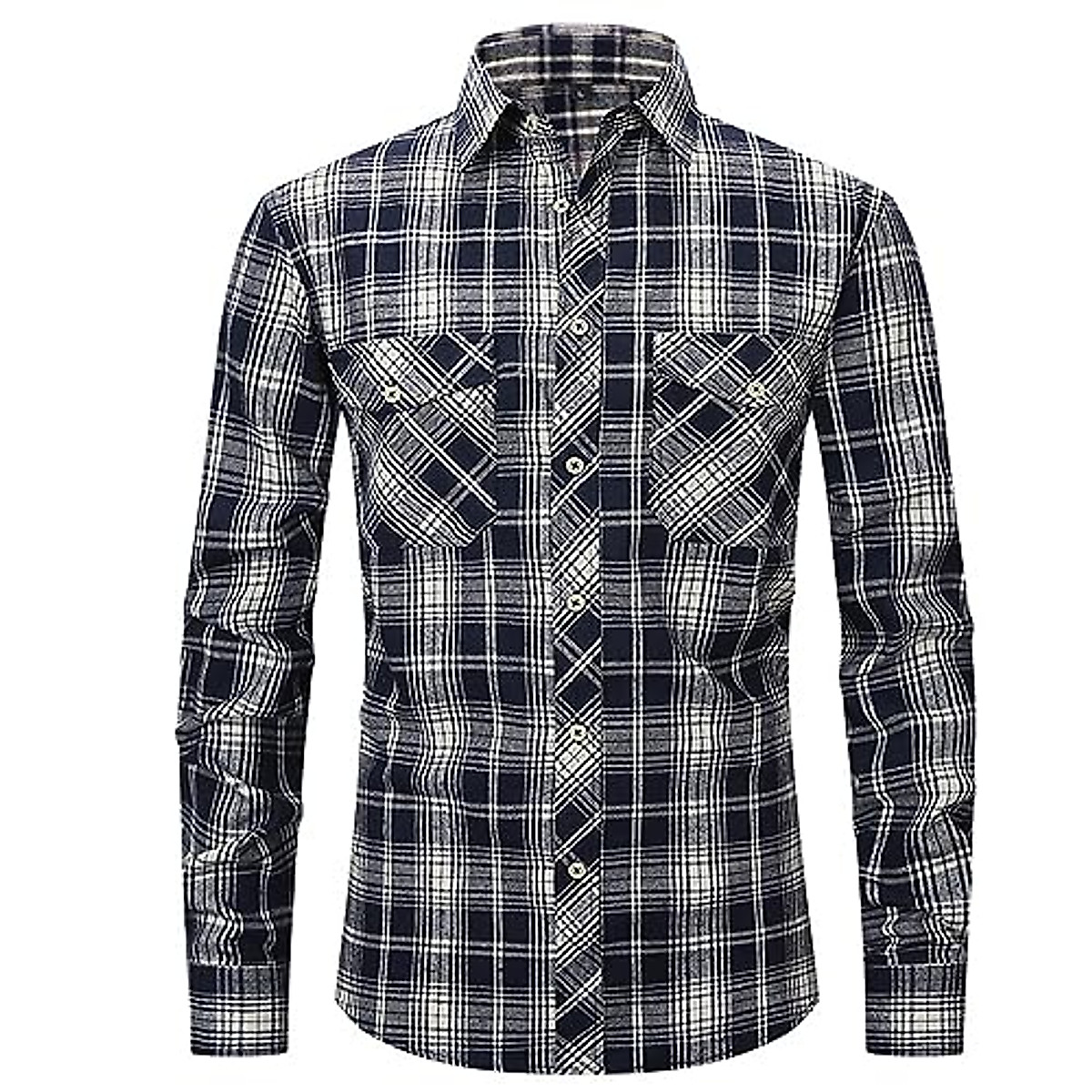 Men's Double Pocket Plaid Flannel Shirt Long Sleeve Button Down Business Formal Chemise M512 US Size XXL