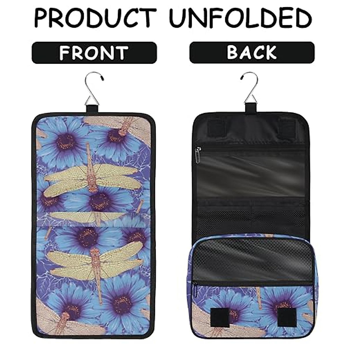 POFATO Dragonfly Blue Flower Travel Toiletry Bag Cosmetic Makeup Bag for Women Men Hanging Hook Wash Toiletries Portable Toiletry Bags Organizer