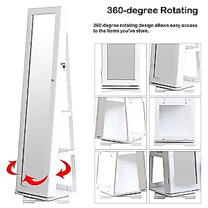 Bonnlo Jewelry Armoire with 360 Rotation Base, 57 x 10 inch Mirror, Freestanding, Cosmetic Storage