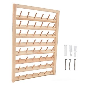 48 Spools Wooden Thread Holder, Wall Mounted Sewing Thread Rack with Hanging Hooks, Embroidery Spool Sewing Thread Organizer for Sewing Quilting Braiding