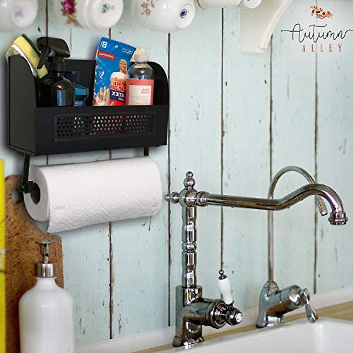 Autumn Alley Rustic Farmhouse Wall Mounted Black Paper Towel Holder with Shelf | Sturdy & Stylish Farmhouse Bathroom Towel Holders | Vintage Towel Hanging Rack | Rustic Kitchen/Bathroom Wall Decor