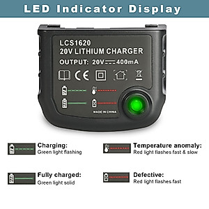 KUNLUN LCS1620 20V Lithium Battery Charger - Compatible for Black & Decker 16V 20V Lithium Battery LBXR20 LBXR20B LBXR20-OPE LB20 LBX20 LBX4020 LB2X4020 LBXR2020-OPE BL1514 LBXR16 LST220