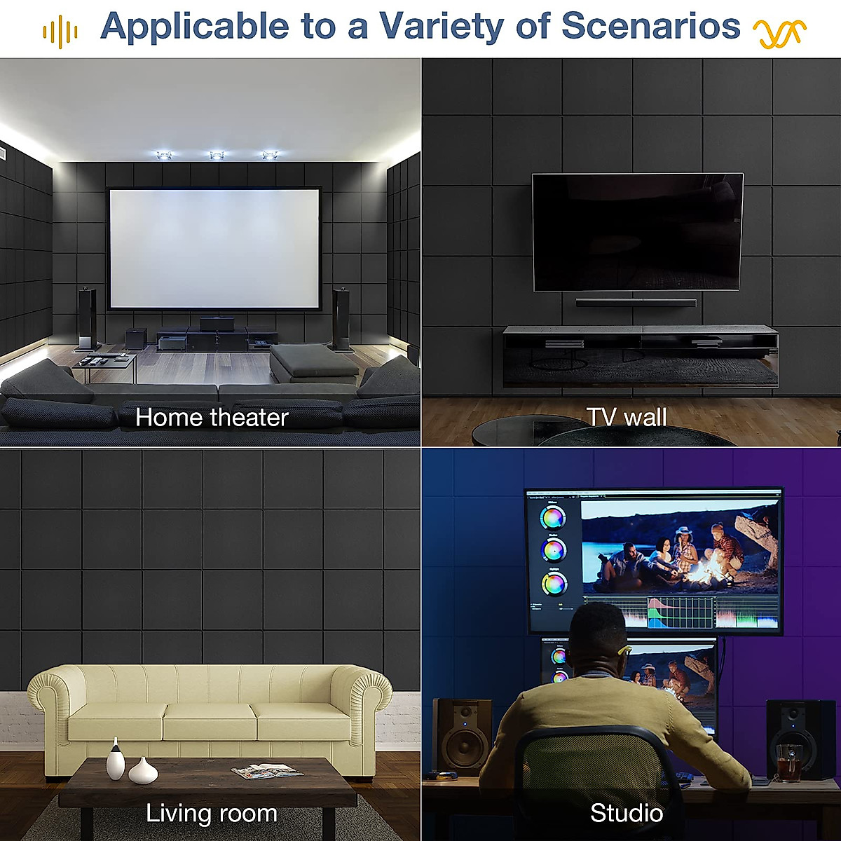 Lebenforce Self-adhesive Acoustic Panels Tiles 12 Pack, 12" X 12" X 0.4" Polyester Sound Proof Padding, High Density Soundproof Wall Panels, Sound Absorbing panel for Home & Offices (Black)