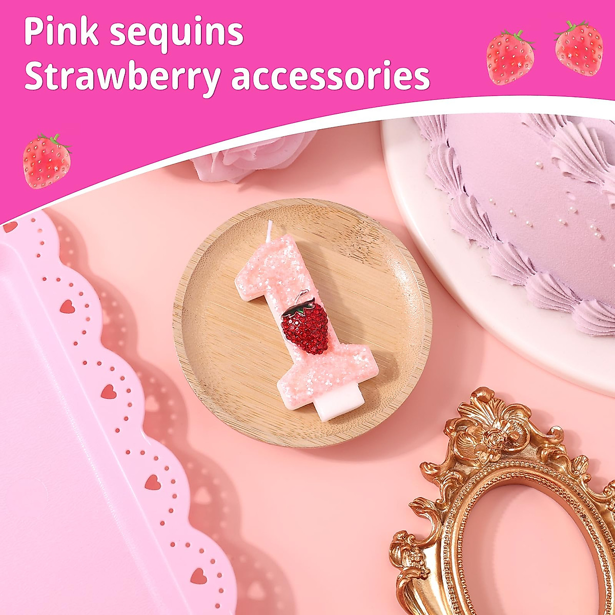 Pink Number 1 Candle, Strawberry Cake Topper Berry Number One Candle for First Birthday Party Supplies Decor for 1st Birthday Anniversary Decorations Photo Props