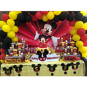 VV Backdrop Happy Birthday Mickey Mouse Theme 7x5 Vintage Black and Red Background for Kids First Birthday Vinyl Sparkly Backgroundsfor Party