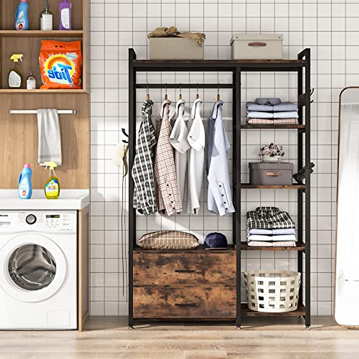 LITTLE TREE Freestanding Closet Organizer, Clothes Rack with Drawers and Shelves Heavy-Duty Garment Rack Wardrobe Closet Clothing Storage Organizer for Bedroom, Rustic Brown