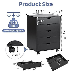 NEWBULIG 5 Drawer Storage Organizer, Wood File Cabinets with Wheels, Large Printer Stand for Home Office Study Dressing Room