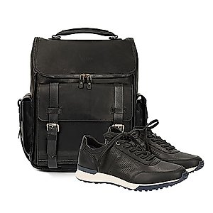 VELEZ 10.5 Mens Business Casual Sneakers + Top Grain Leather Backpack for Men Black Designer Bookbag Business Casual Shoulder Bag