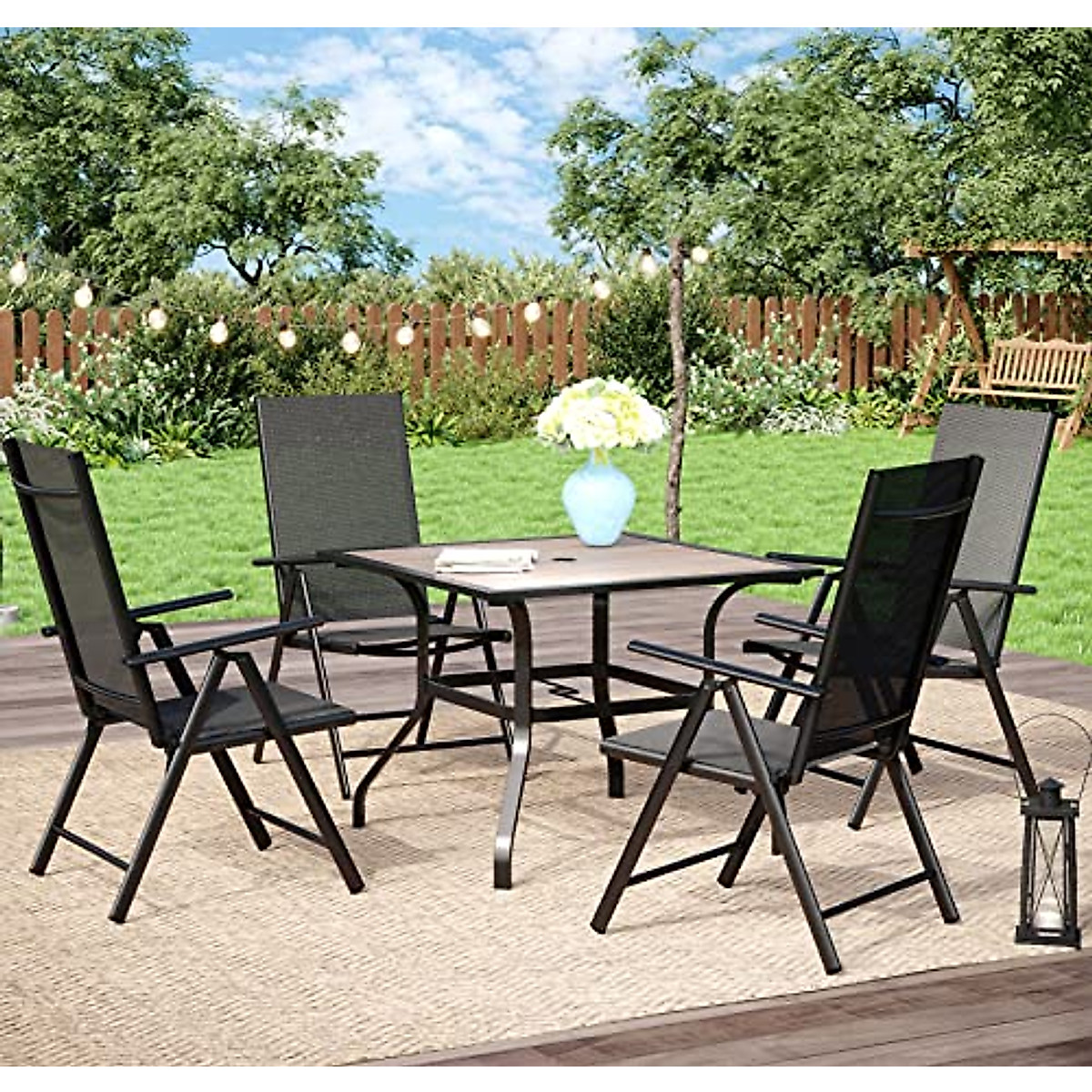 HERA'S PALACE Patio Dining Chair Foldable and Portable, Outdoor Folding Chairs with Armrest, Reclining High Back Sling Dining Chairs for Garden, Poolside, Backyard (2pcs, Black)