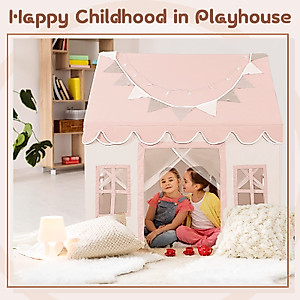 Kids Play Tent with Non-Slip Mat, Star Lights, Decorating Flag, Large Playhouse with 4 Windows, Machine Washable, Indoor and Outdoor Play Tent for Kids, Girls, Pink, 47" x 40" x 52"