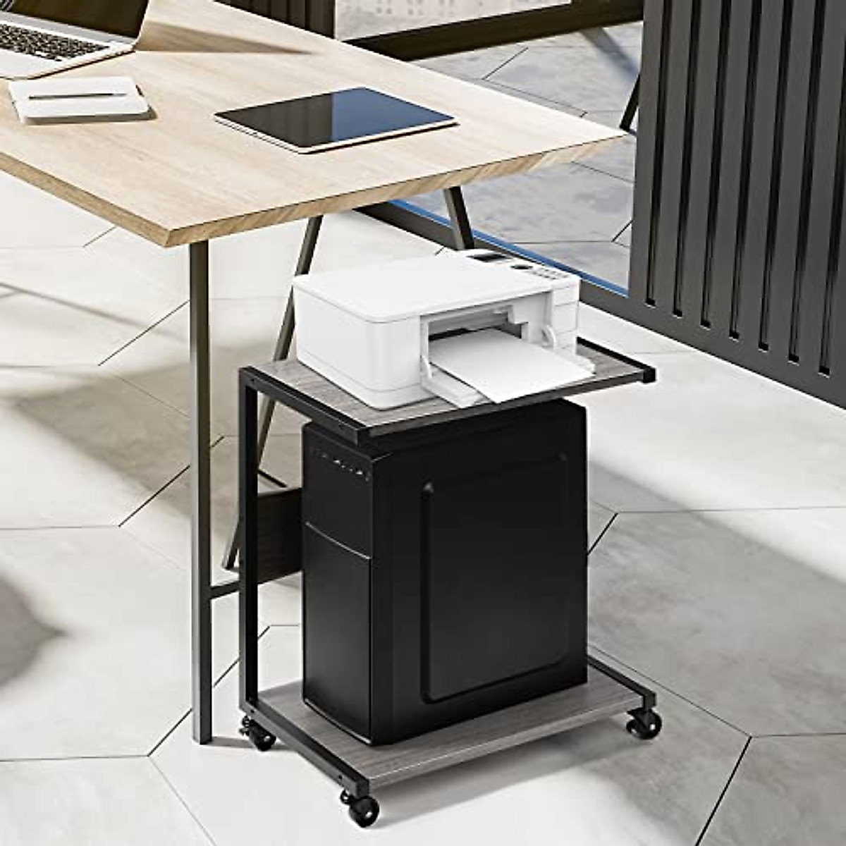 Computer Tower Stand, C-Shape Tall 2-Tier Pc Stand, Computer Tower Floor Stand with Lockable Wheels,Mainly Placed Computer Cases and Printers，Suitable for School, Office, Home(Grey)