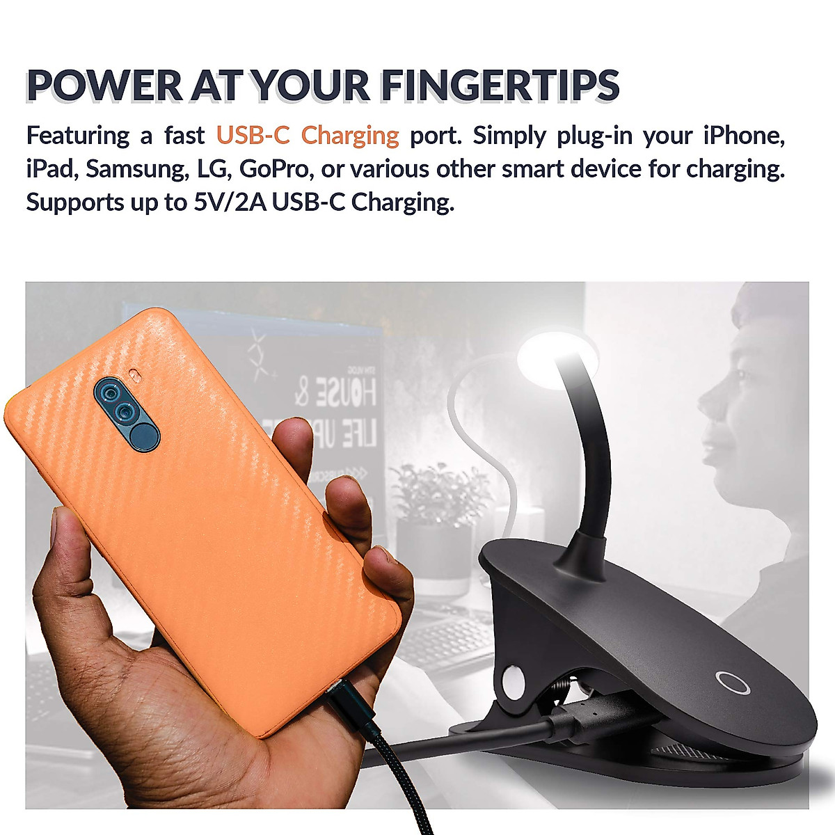 Newhouse Lighting NHCLP-USBC-BK Black Plastic Flexible and Dimmable Clip Light Clamp-Style Energy-Efficient LED Lamp with USB-C Charging Port for Office or Bedroom Use