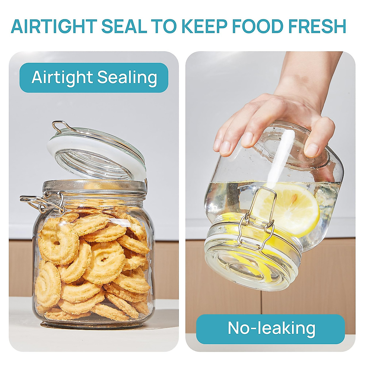 Vtopmart 34oz Glass Food Storage Jars with Airtight Clamp Lids, 3 Pack Kitchen Canisters for Flour, Cereal, Coffee, Pasta and Canning, Square Mason Jar with 8 Chalkboard Labels