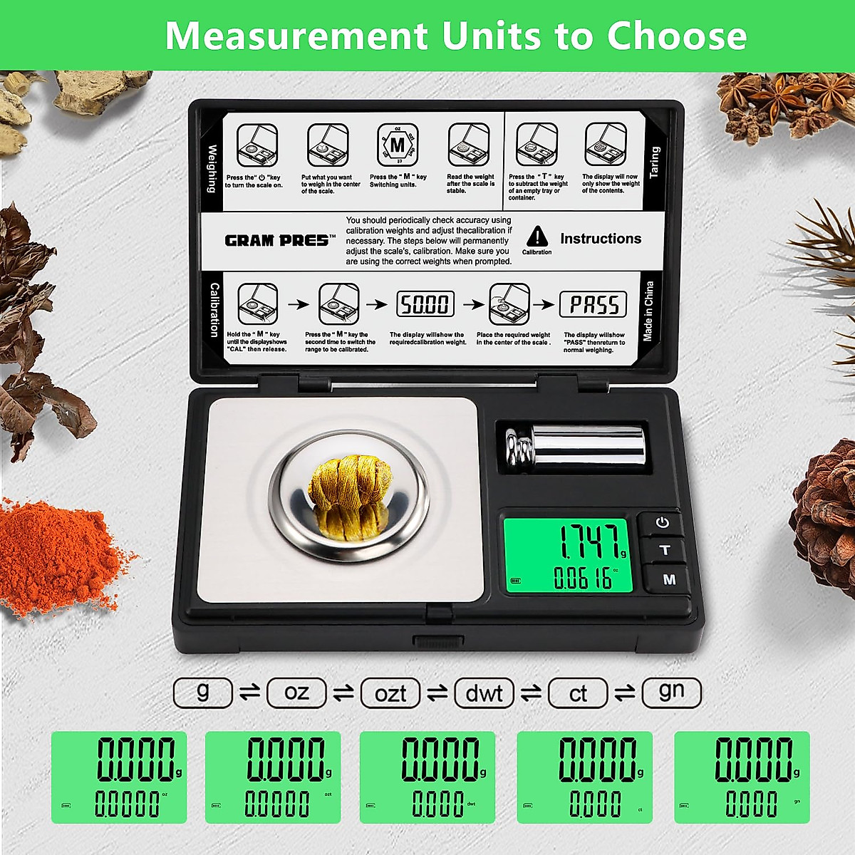 GRAM PRES High Precision Milligram Scale,50g/0.001g Digital Mini Pocket Gram Scale,Mg Scale for Weighing Powders,Jewelry, Medicine, Gem, Reloading, with Cal Weight, Tweezer ，Tray and Scoop