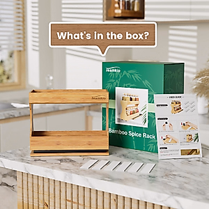 Teamkio Bamboo Spice Rack Organizer for Cabinet, 2-Tier Pull Out Spice Rack, Tool-Free Install Slide Out Vertical Seasoning Spice Organizer for Kitchen Cabinet（Bottles not included