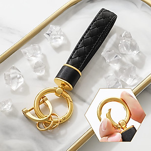 Gkeygo Leather Car Keychain, Handmade Woven Keychains for Women and Men, Universal Key Fob Holder with 360 Degree Rotatable, Anti-Lost D-Ring, 2 Keyrings and 1 Screwdriver – Black