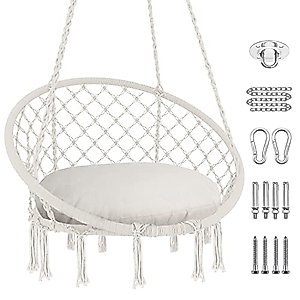 Patio Watcher Hammock Chair Hanging Macrame Swing with Cushion and Hardware Kits, Max 330 Lbs, Handmade Knitted Mesh Rope Swing Chair for Indoor, Outdoor, Bedroom, Patio, Yard, Deck, Garden, Beige