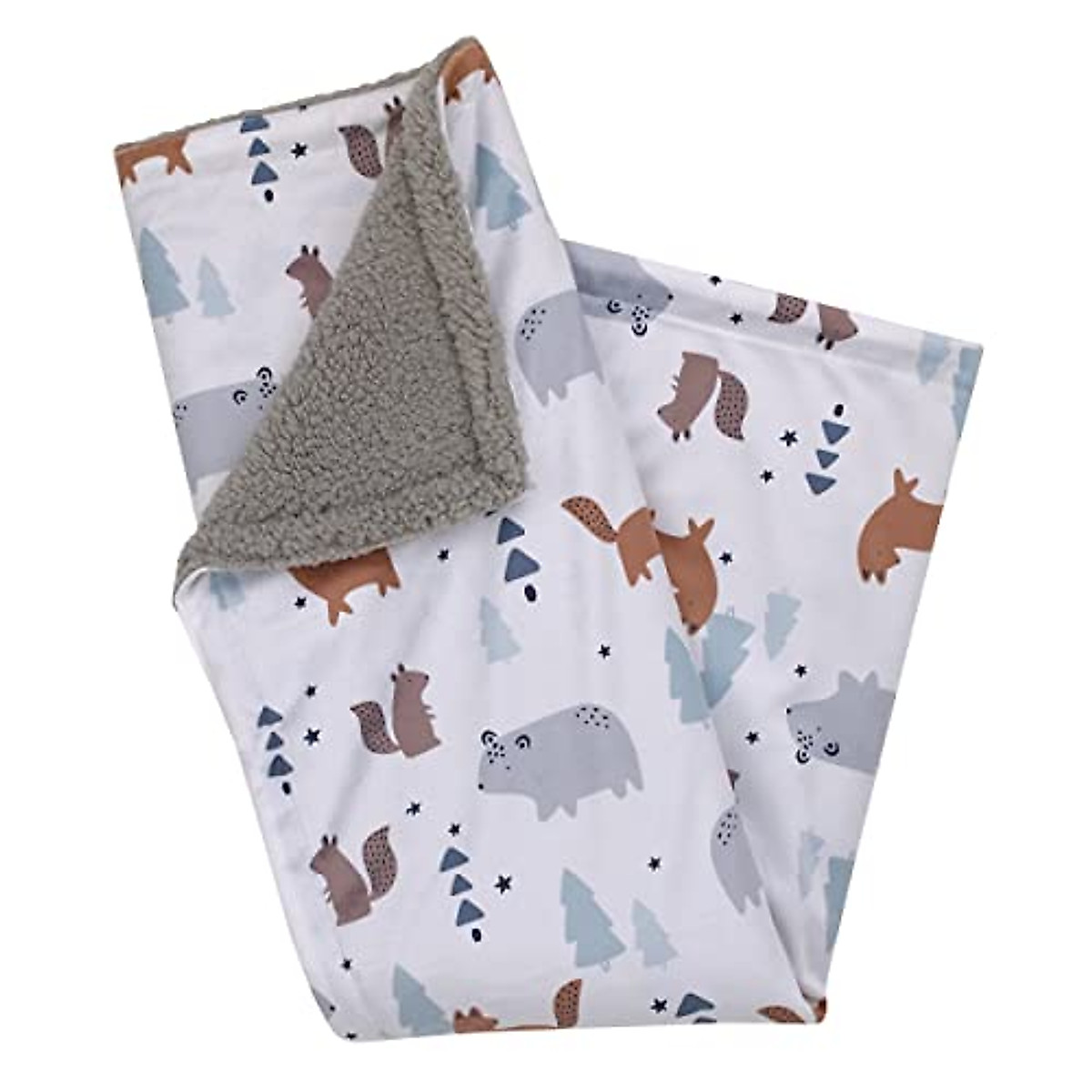 NoJo Fox and Friends White, Brown, and Gray Super Soft Winter Sherpa Baby Blanket and Security Blanket Set