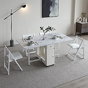 FUNROLUX Folding Dining Table and 4 Piece Folding Dining Chair Set, White Wooden Foldable Dining Table with Padded Seats Chairs