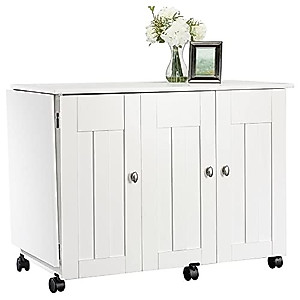BOWERY HILL Engineered Wood Drop-Leaf Sewing or Craft Table with Melamine Top Surface, Storage Behind Roll-Open Door, Easy-roll Casters in Soft White