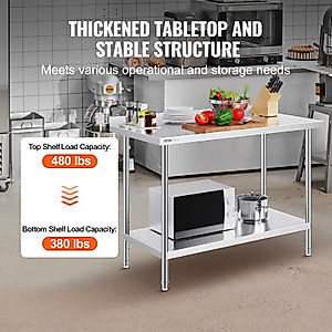 VEVOR 24 x 48 x 36 Inch Stainless Steel Work Table, Commercial Food Prep Worktable Heavy Duty Prep Worktable, Metal Work Table with Adjustable Height for Restaurant, Home and Hotel