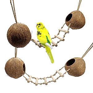 Bird Coconut Hides Nest with Ladder Parrot Cage Hanging Natural Coco Shell Hut Hide Toy with Wooden Bridge Hollow Hideaway Toys for Parakeet Lovebird Finch Canary 2PCS