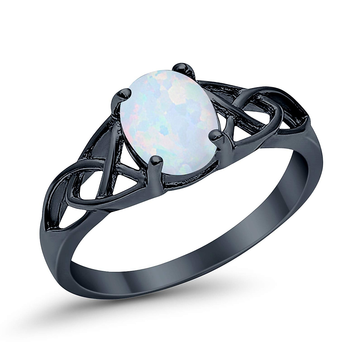 Solitaire Ring Oval Created White Opal Black Tone 925 Sterling Silver Celtic Accent, Size-7