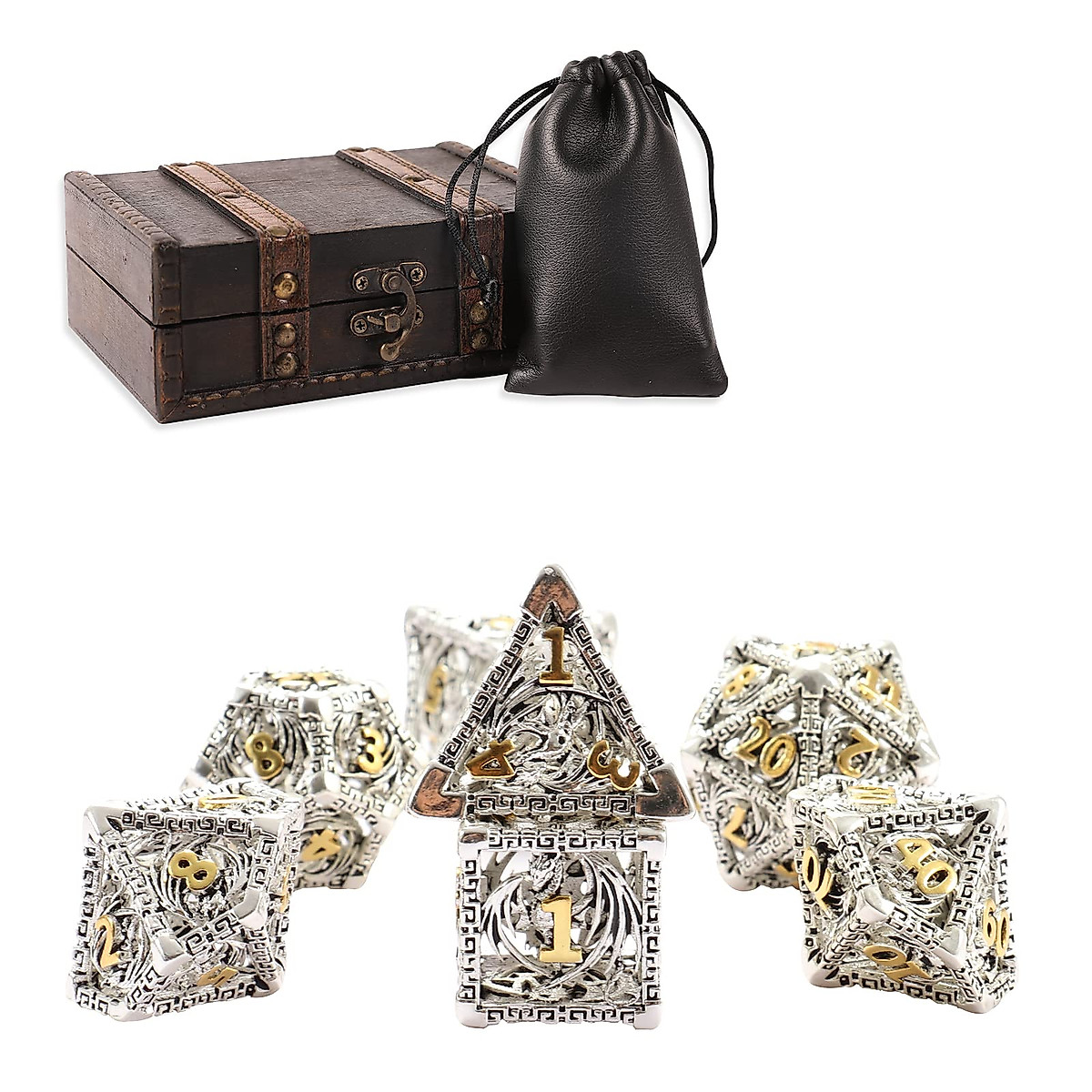 DDFE New Hollow Metal DND Dice 7Pcs Set for Dungeons and Dragons RPG MTG Table Games D&D Pathfinder Shadowrun and Math Teaching,d and d Game Dice with Gift Box,Great DND Gifts