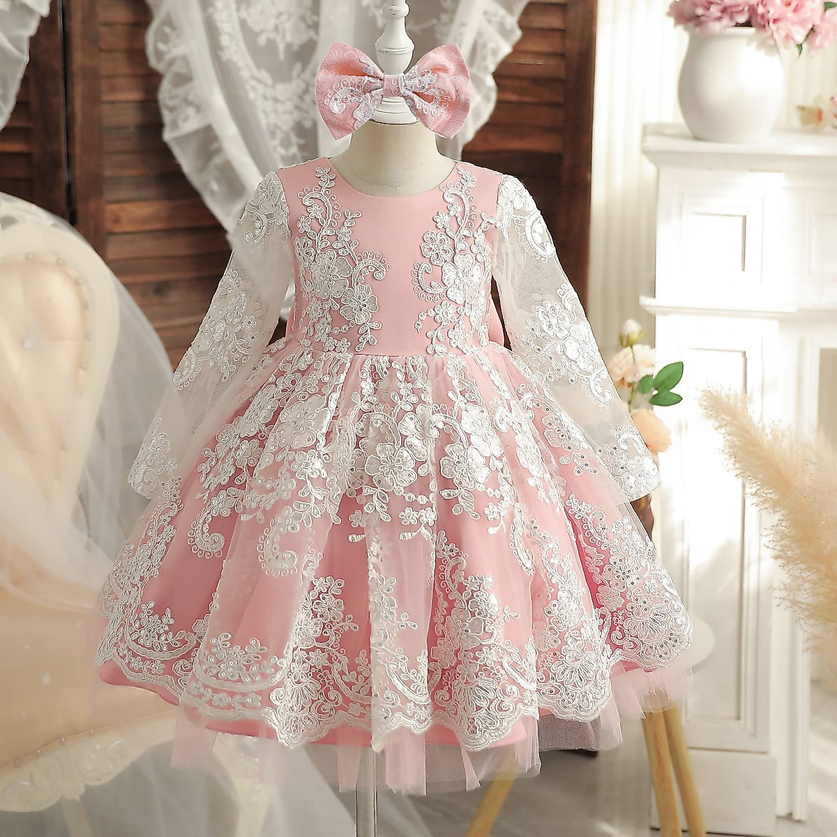NNJXD Flower Girl Baby Lace Princess Party Pageant Gown Tutu Wedding Dress 790 Pink Size(90) 12-18 Months