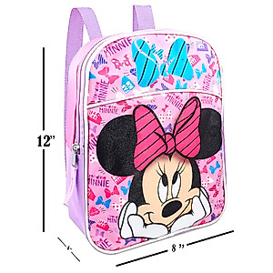 Disney Minnie Mouse Mini Backpack For Girls, Kids ~ 3 Pc Bundle With 12" Minnie School Bag, Water Pouch, Stickers, and More (Minnie Mouse School Supplies Set)