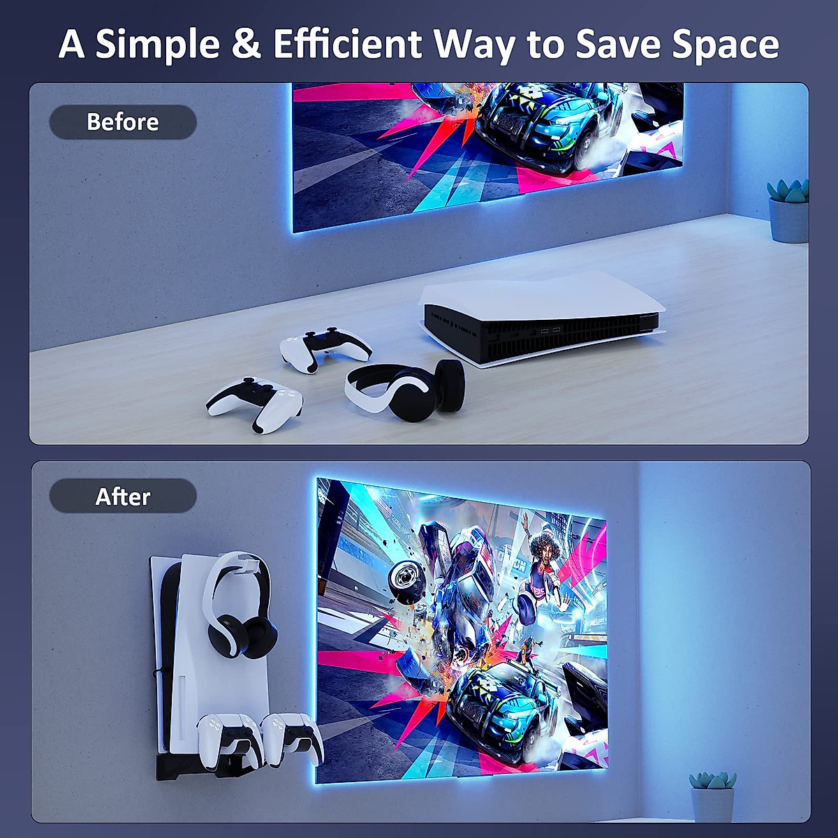 NexiGo PS5 Accessories Essential Kit, PS5 Wall Mount Kit with Charging Station, Cooling Fan with LED Light, Efficient Cooling System, Wall Mount Set for PSVR2 Controllers, Hanging Near or Behind TV