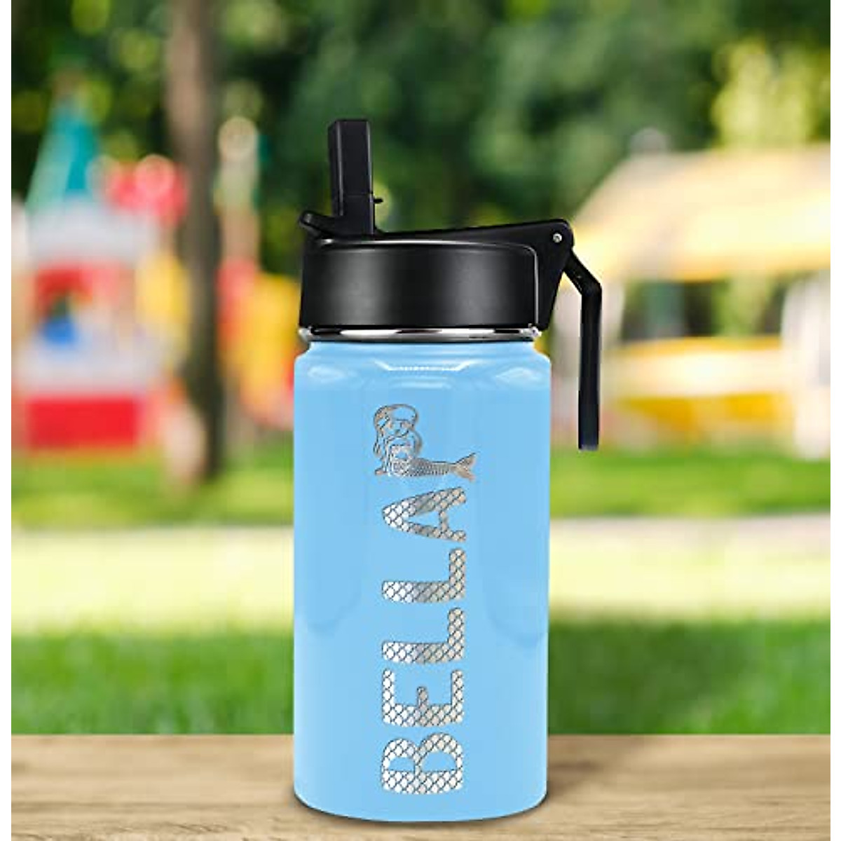 Personalized Kids Water Bottle with Straw Lid on Pastel Blue Gloss for School Engraved Custom Children Name 12 oz Modern Insulated Stainless Steel