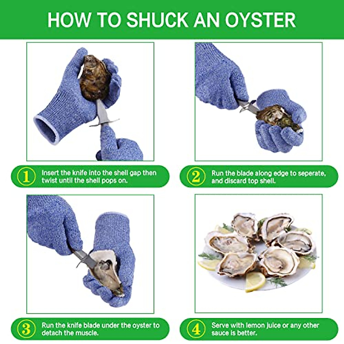 Oyster Shucking Knife and Gloves Set, Oyster Opener Tool Kit with 1 Pair of Cut Resistant Level 5 Protection Gloves, and Clam Oyster Knife Shucker with Safety Hand Guard, Seafood Tools Gift Set