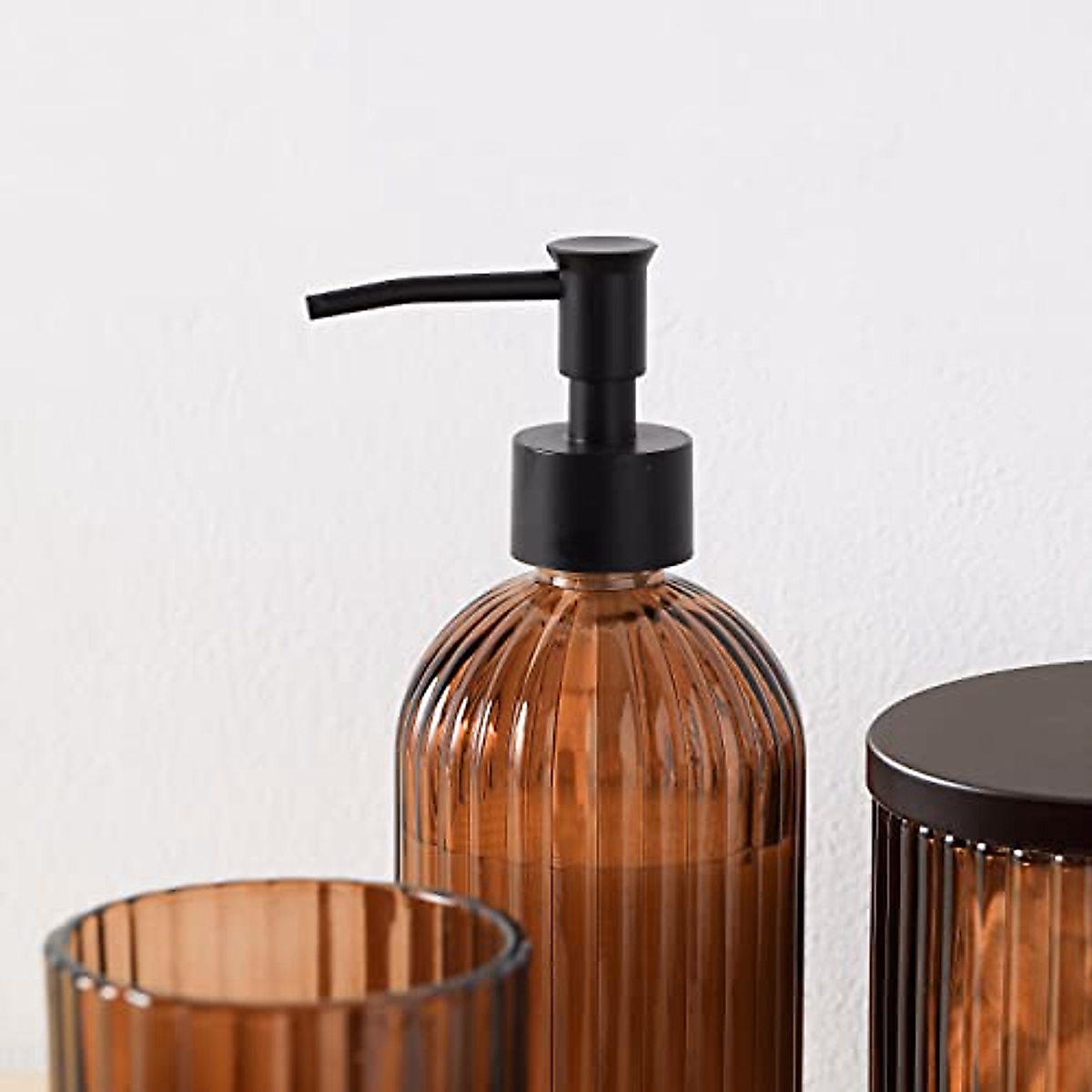 4PCs Heavy Weight Decent Glass Bathroom Accessories Set with Decorative Pressed Pattern - Includes Hand Soap Dispenser & Tumbler & Soap Dish & Toothbrush Holder (Brown)