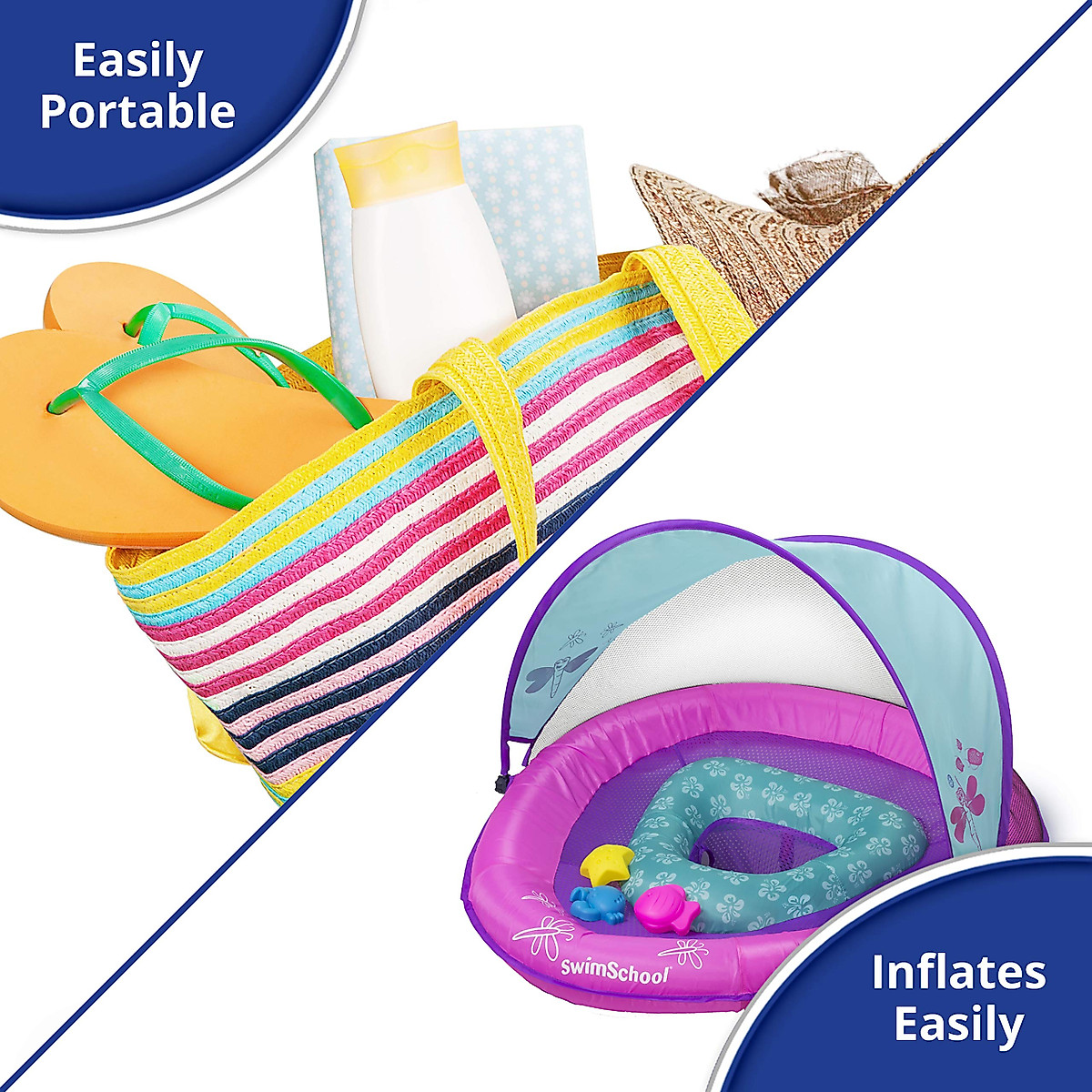 SwimSchool Deluxe Baby Pool Float with Adjustable Canopy - 6-24 Months - Baby Swim Float with Splash & Play Activity Center Safety Seat - Pink/Aqua