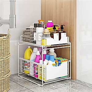 Tngan 2 Tier Under Sink Organizer with Sliding Storage Drawer Pull Out Countertop Storage Basket Kitchen Cabinet Storage Rack, White Large