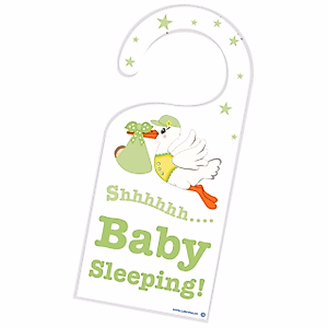 Cute News Shhh Baby Sleeping Door Hanger Sign, Do not Disturb/Knock/Ring Plaque, Be Quiet Newborn Announcement, Gender Neutral Stork Pregnancy Gift, Green