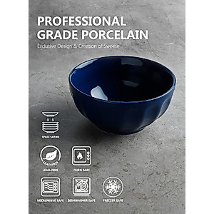 Sweese 106.403 Porcelain Fluted Bowls - 26 Ounce for Cereal, Soup and Fruit - Set of 4, Navy