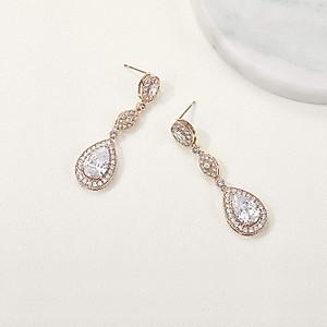 SWEETV Rose Gold Wedding Tiara Earrings Jewelry Set for Women & Girls - Bridal Tiara & Dangle Earrings with Rhinestones