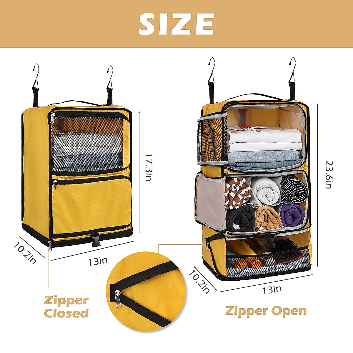 Surblue Hanging Shelves Travel Compression Packing Cube for Carry-on Luggage Suitcase Collapsible Transformable Garment Closet Organizers Large Capacity, Yellow, XL