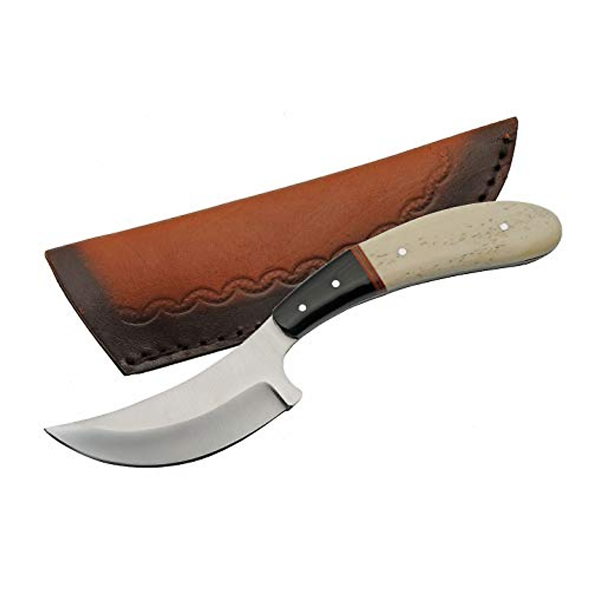 SZCO Supplies 8" Fixed Blade Full-Tang Bone/Horn Handle Upsweep Outdoor Hunting Skinner Knife with Sheath, White/Black