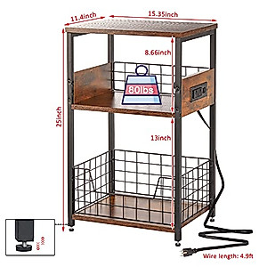 X-cosrack Record Player Stand with Vinyl Record Storage, 3 Tier Side Table with Charging Station & USB Ports, Retro End Table for Living Room Bedroom, Sturdy Wood and Metal Frame, Brown & Black